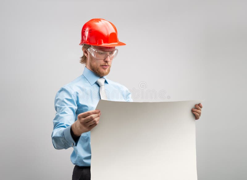 Architect Worker or Engineer Man in Red Construction Helmet Stock Image ...