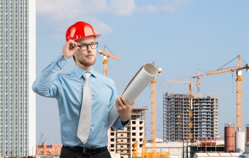 Architect Worker or Engineer Man in Red Construction Helmet Stock Photo ...