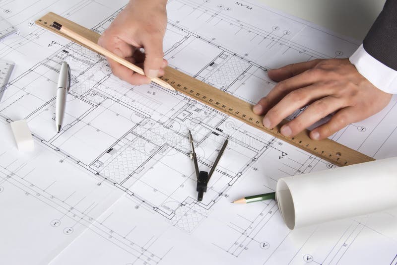 Architect Working on Architectural Plans Stock Image - Image of ...