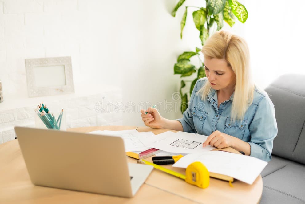 Architect Working on Blueprint. Architects Workplace - Architectural ...