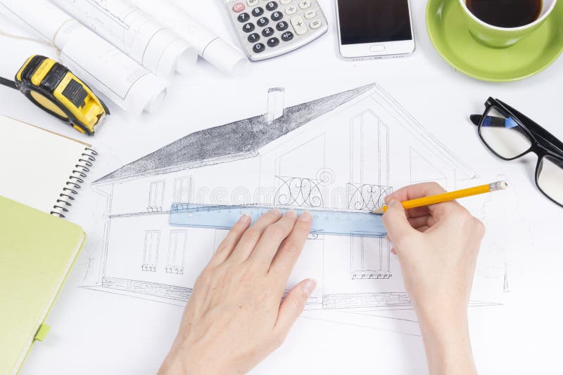 Architect Working on Blueprint. Architects Workplace - Architectural ...