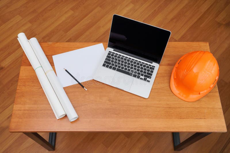 Architect Working on Blueprint, Engineer Inspective in Workplace, Architectural Project ...