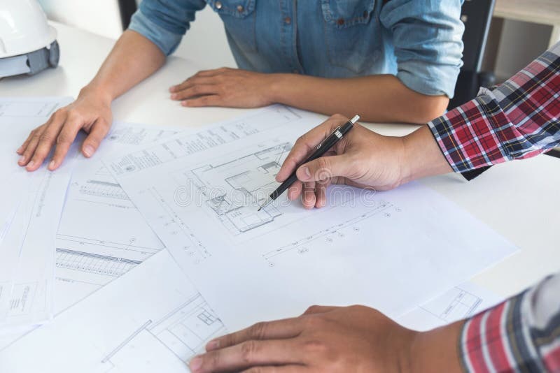 Architect Working on Blueprint, Engineer Meeting Working with Pa Stock ...