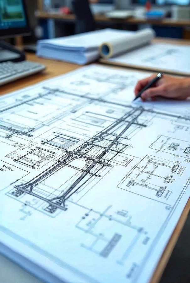 Architect Working on Blueprint in Office, Closeup. Construction Concept ...