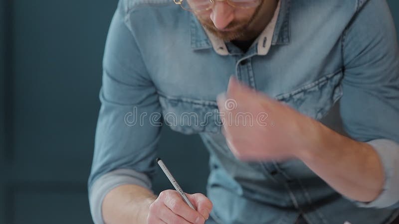 Architect Working on Blueprint with Spesial Tools and Pencil, Close Up ...