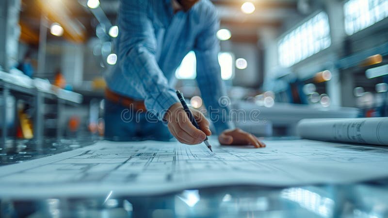 Architect Working on Blueprints in a Modern Office with Industrial ...