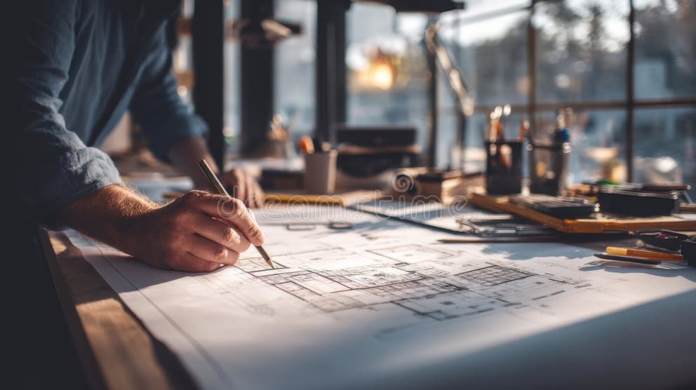 Architect Working on Blueprints in a Modern Office Space Filled with ...