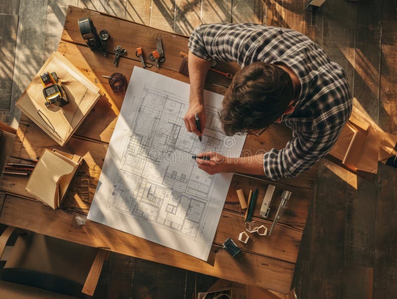 Architect Working with Blueprints on Table in Office, Top View ...