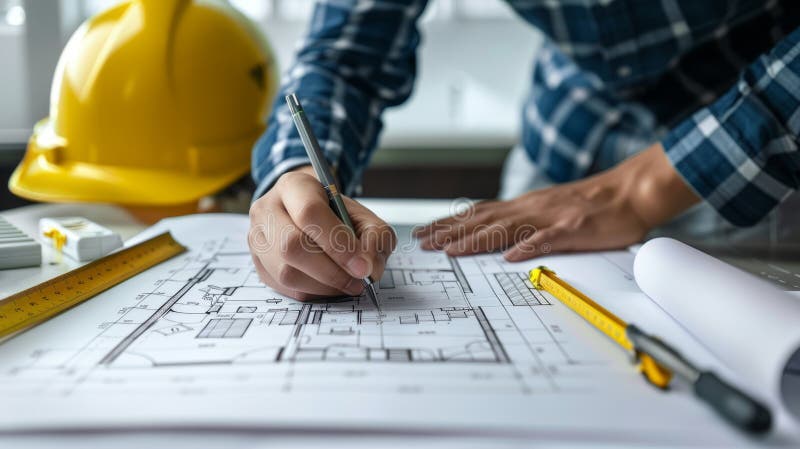 Architect Working on Blueprints with a Yellow Hard Hat on the Desk ...