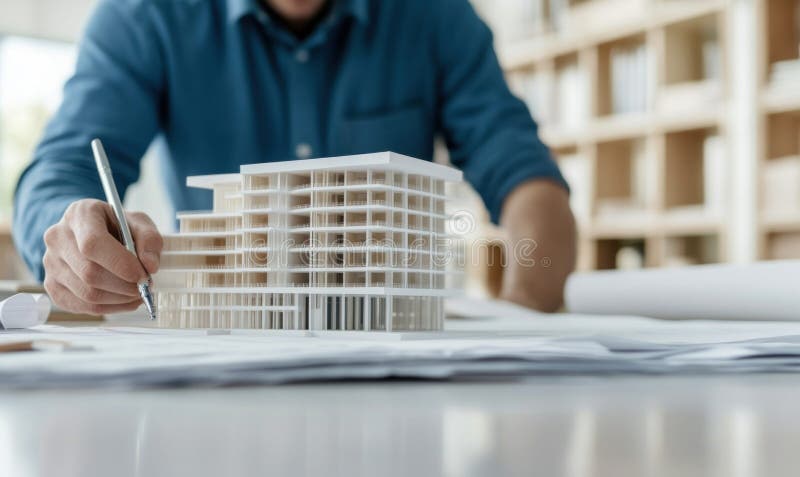 An Architect is Working on a Building Model, Reviewing the Blueprints ...