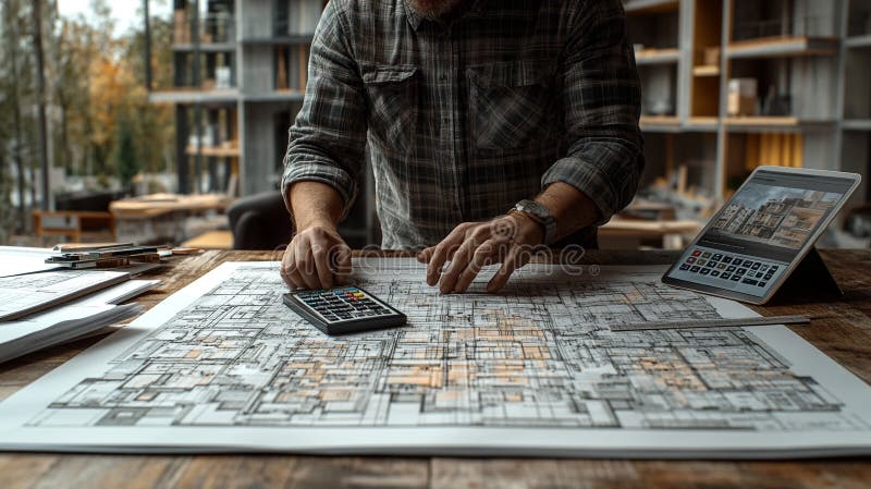 Architect Working on Building Plans with Calculator and Digital Tablet ...