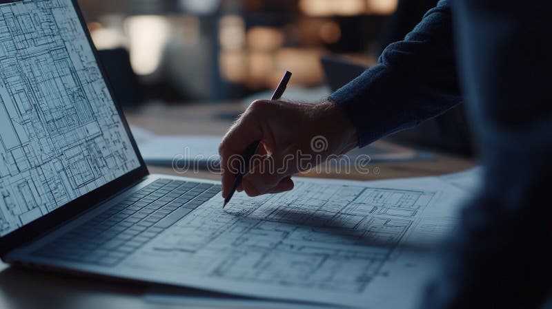 Architect Working on Building Plans with Laptop and Blueprints in ...