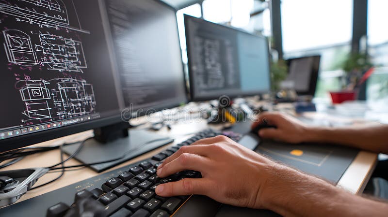 Architect Working on a Cad Design on Dual Monitors at a Modern Office ...