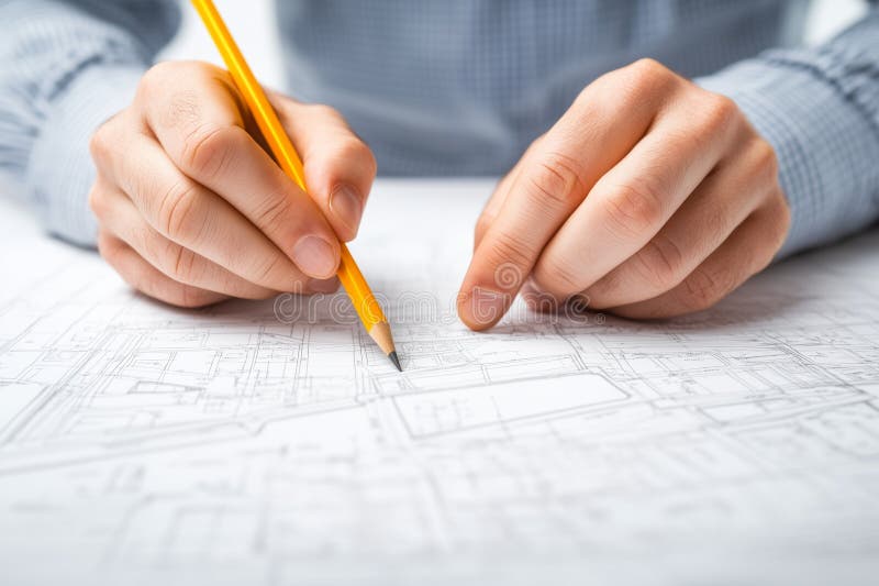 Architect Drawing Plans on Blueprint with Pencil in Office Stock Image ...