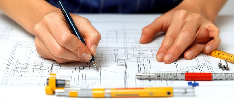 Architect Working on Construction Blueprints Hands Holding Pen ...