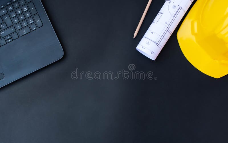 Architect Working, Construction Desk. Project Blueprints, Laptop and ...