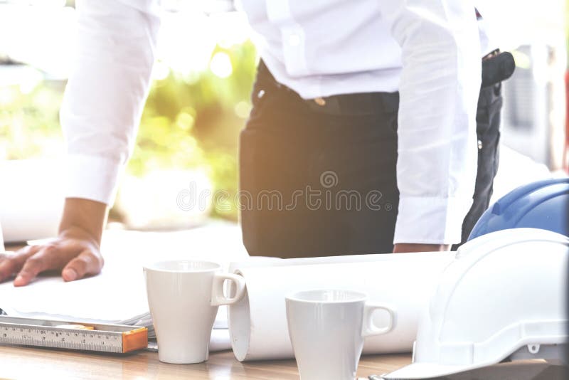 Architect Working with Construction Tools and Helmet Safety on Table ...