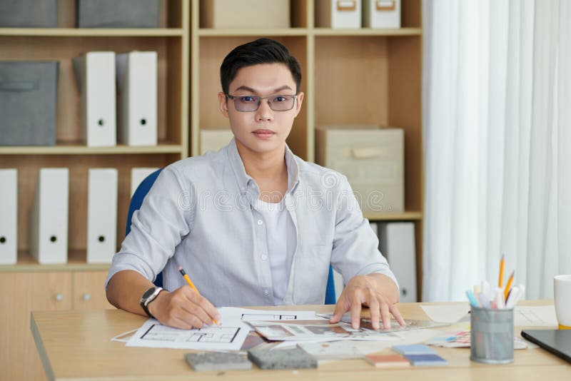 Architect Working at Desk in Bureau Stock Photo - Image of businessman ...