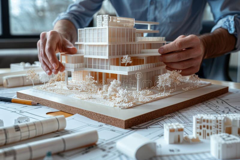 Architect Working on Desk with Mockup Building and Blueprint Stock ...