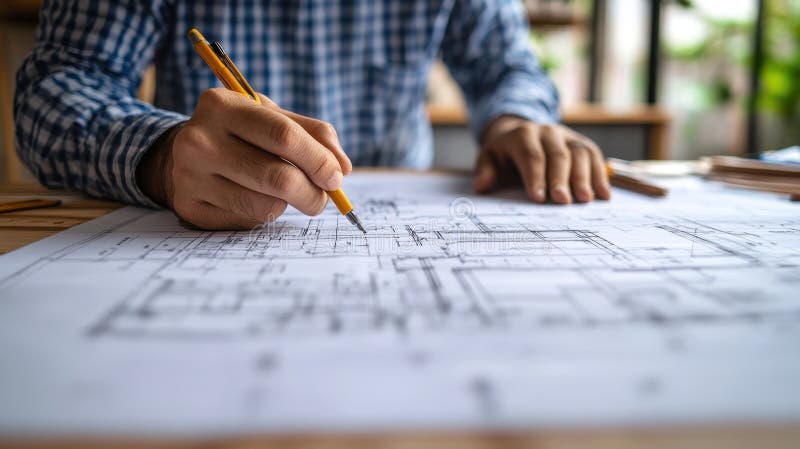 Architect Working on Detailed Blueprints at Modern Workspace with ...