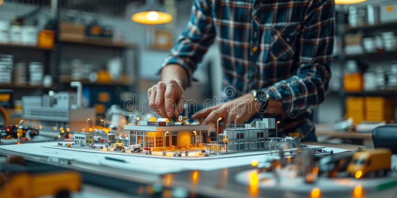 Architect Working on a Detailed Miniature Model of a Construction Site ...