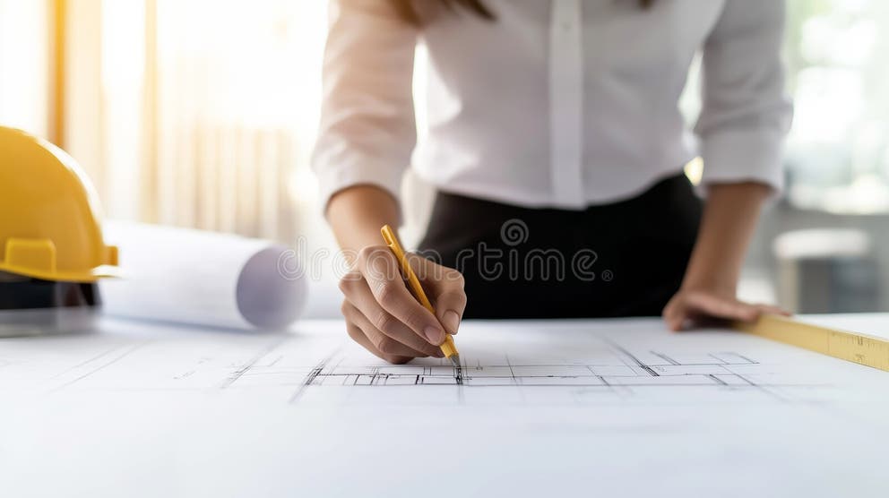 Skilled Architect Drafting Construction Blueprint, Measuring and ...