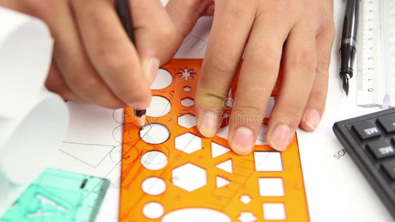 Architect Working Drawing Sketch on Project with Ruler Stock Footage ...