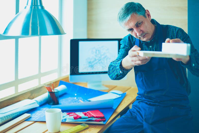 Architect Working on Drawing Table in Office Stock Image - Image of ...
