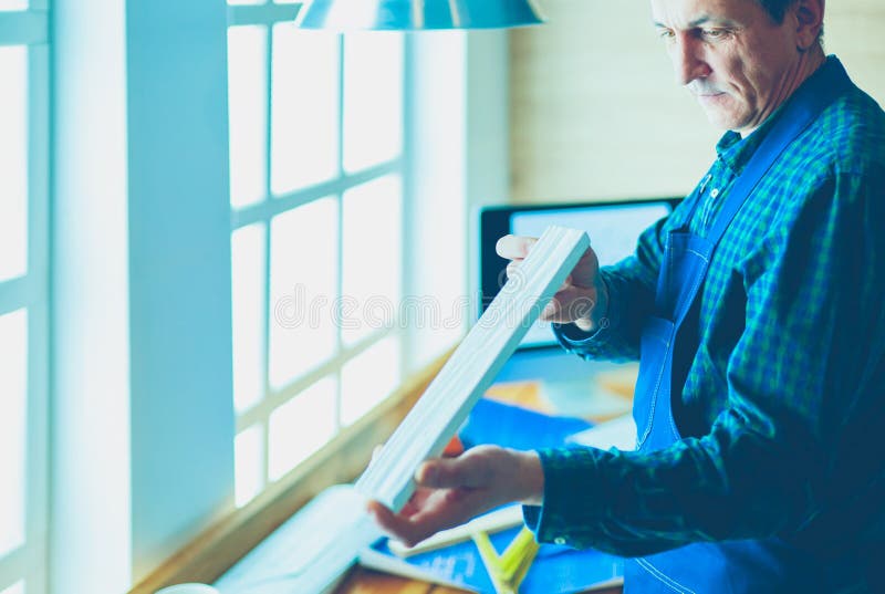 Architect Working on Drawing Table in Office Stock Image - Image of ...