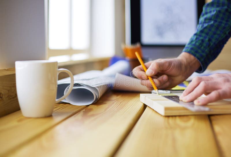 Architect Working on Drawing Table in Office Stock Image - Image of ...