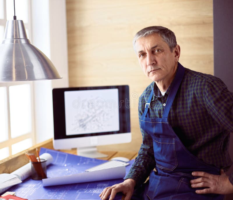 Architect Working on Drawing Table in Office Stock Image - Image of ...