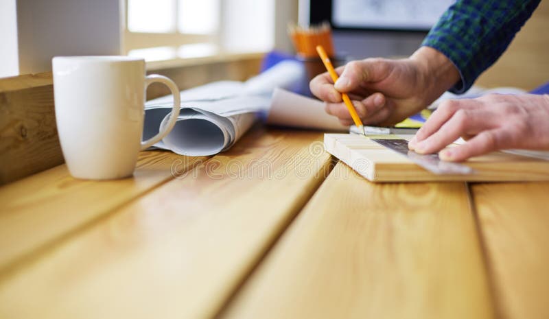 Architect Working on Drawing Table in Office Stock Image - Image of ...