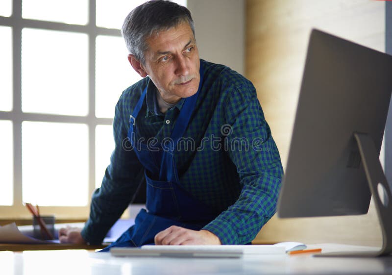 Architect Working on Drawing Table in Office Stock Photo - Image of ...