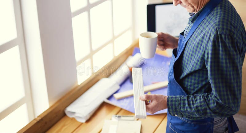 Architect Working on Drawing Table in Office Stock Photo - Image of ...