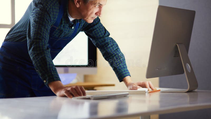 Architect Working on Drawing Table in Office Stock Image - Image of ...