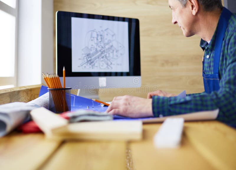 Architect Working on Drawing Table in Office Stock Image - Image of ...