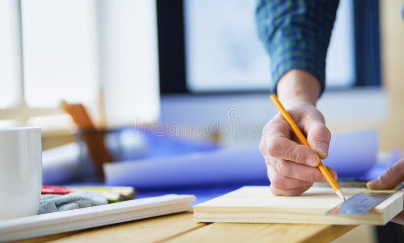 Architect Working on Drawing Table in Office Stock Image - Image of ...