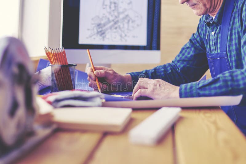 Architect Working on Drawing Table in Office Stock Image - Image of ...