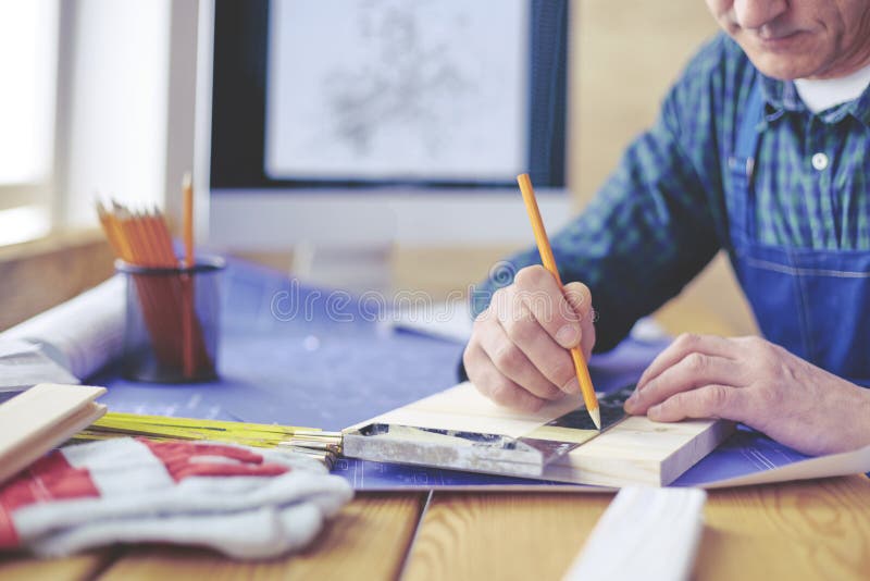 Architect Working on Drawing Table in Office Stock Photo - Image of ...