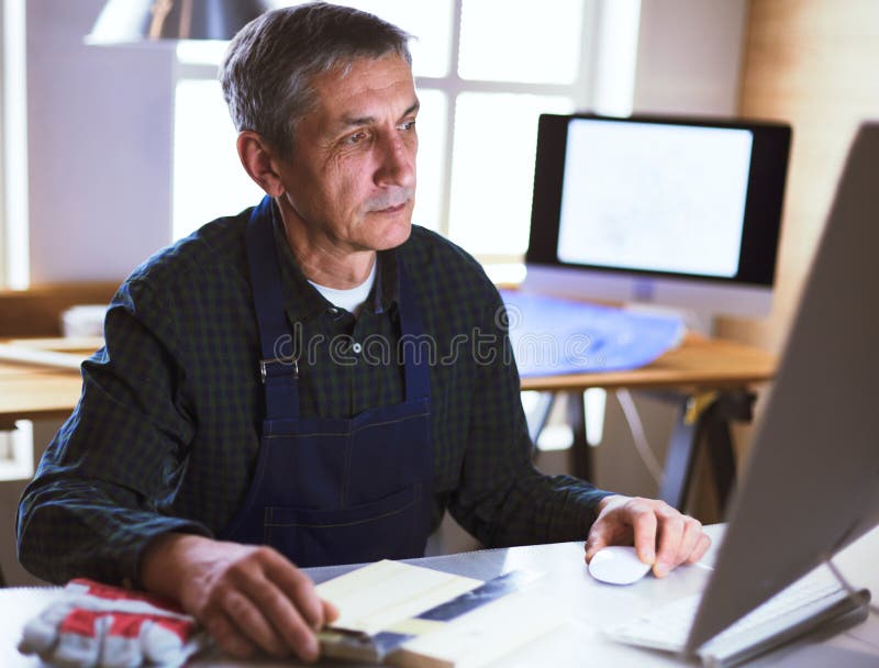 Architect Working on Drawing Table in Office Stock Image - Image of ...