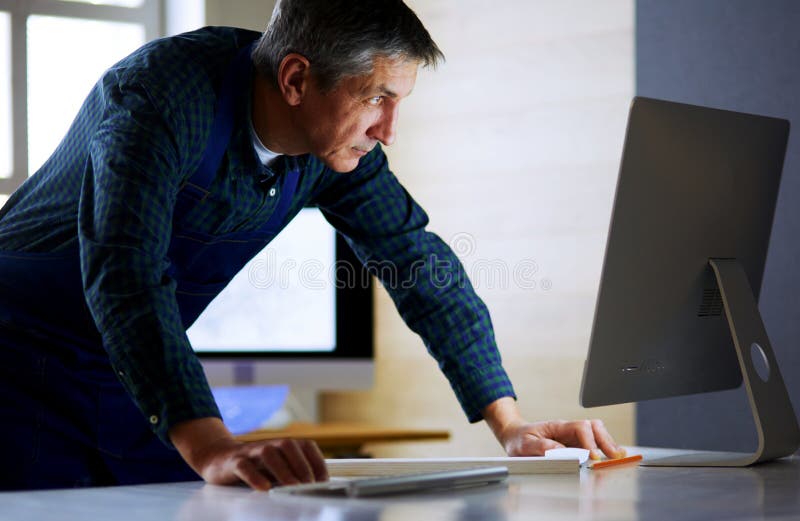 Architect Working on Drawing Table in Office Stock Image - Image of ...