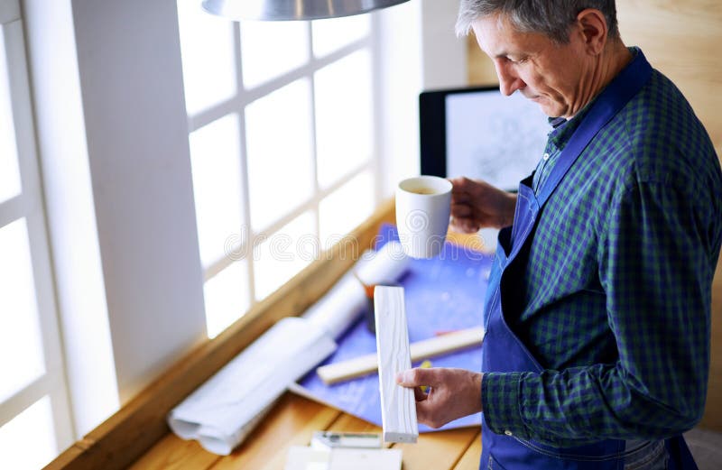 Architect Working on Drawing Table in Office Stock Image - Image of ...