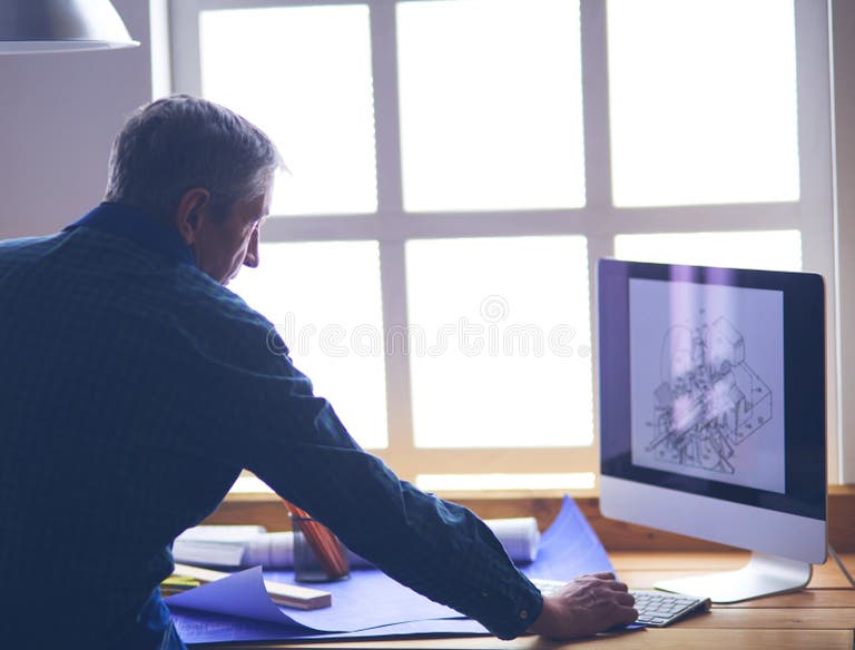 Architect Working on Drawing Table in Office Stock Photo - Image of ...