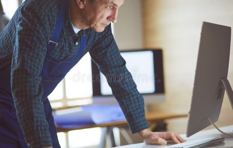 Architect Working on Drawing Table in Office Stock Image - Image of ...