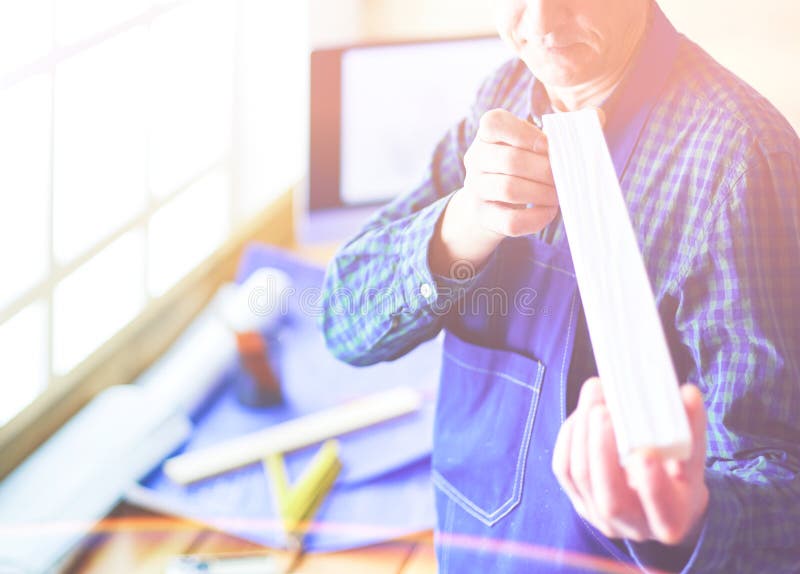 Architect Working on Drawing Table in Office Stock Image - Image of ...