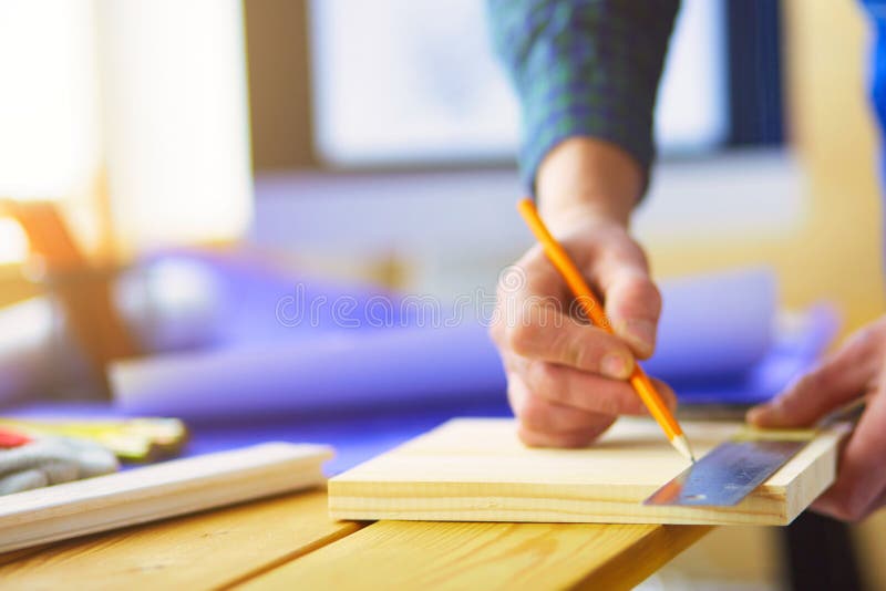 Architect Working on Drawing Table in Office Stock Photo - Image of ...