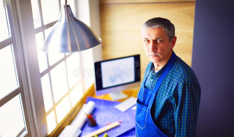 Architect Working on Drawing Table in Office Stock Photo - Image of ...