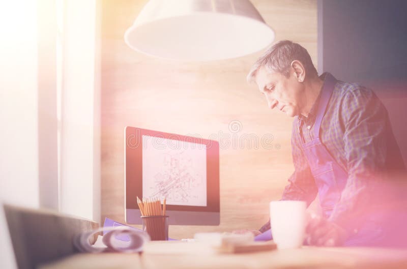 Architect Working on Drawing Table in Office Stock Photo - Image of ...