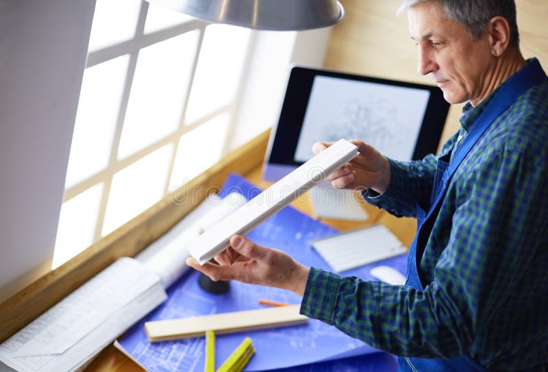 Architect Working on Drawing Table in Office Stock Photo - Image of ...