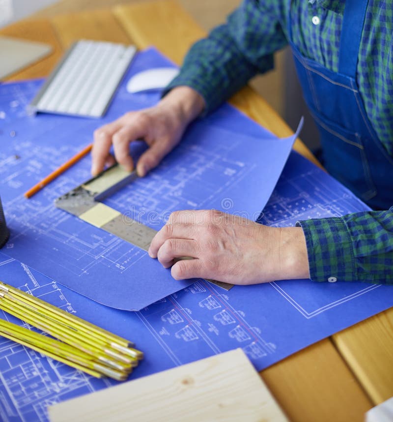 Architect Working on Drawing Table in Office Stock Photo - Image of ...